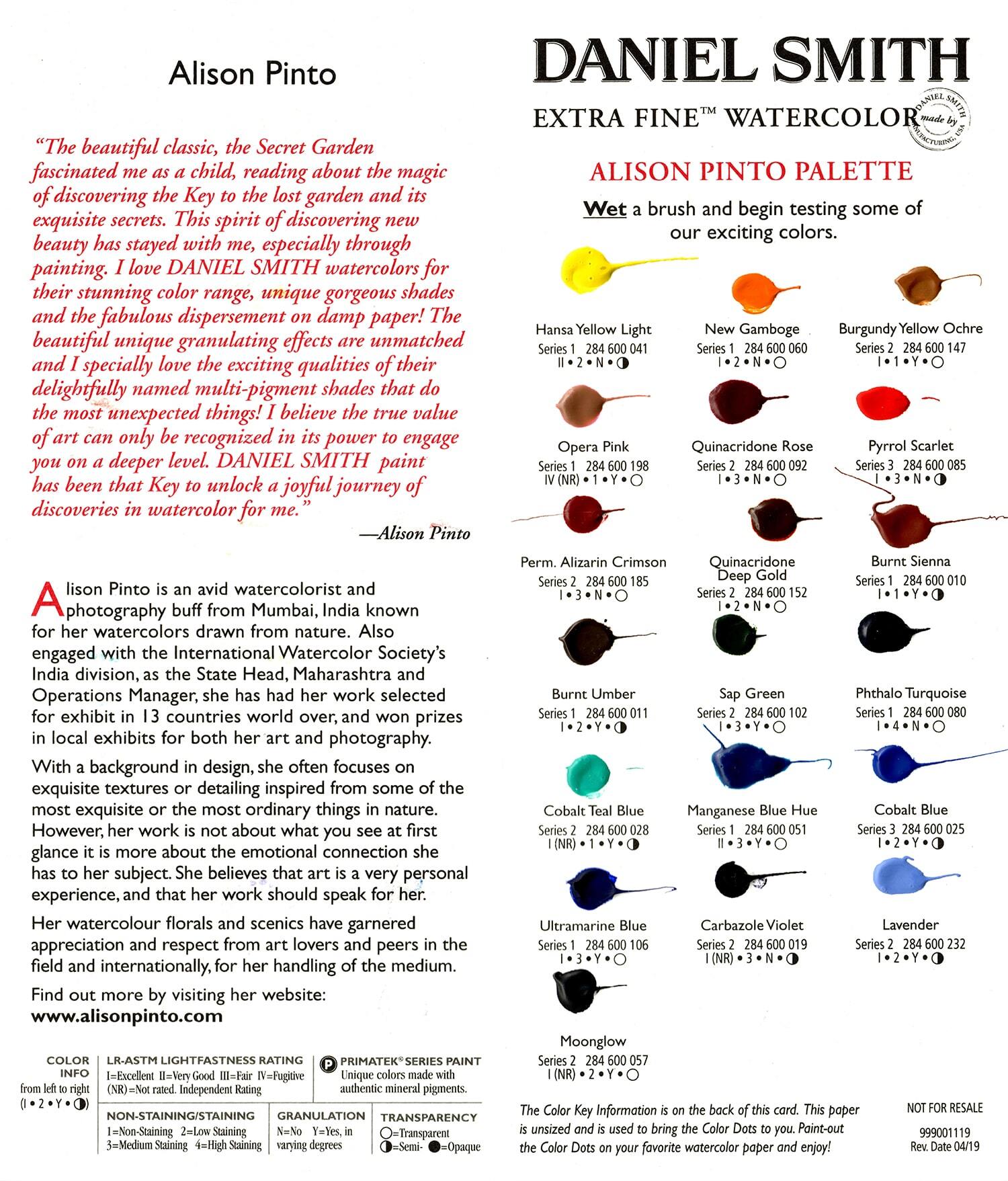 Daniel Smith Extra Fine Watercolour Dot Card - Alison Pinto Palette (G ...
